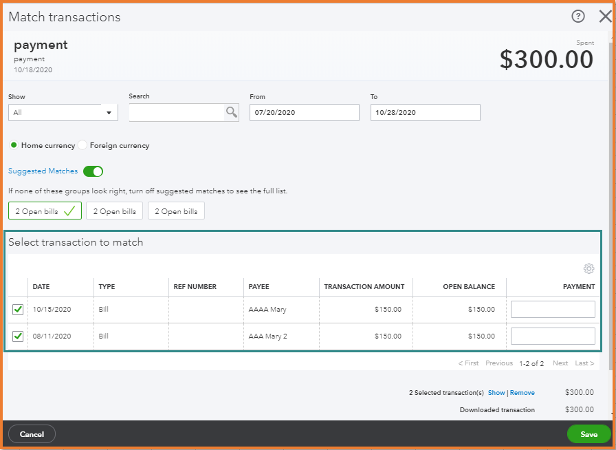 Can I match different transactions with one expense?