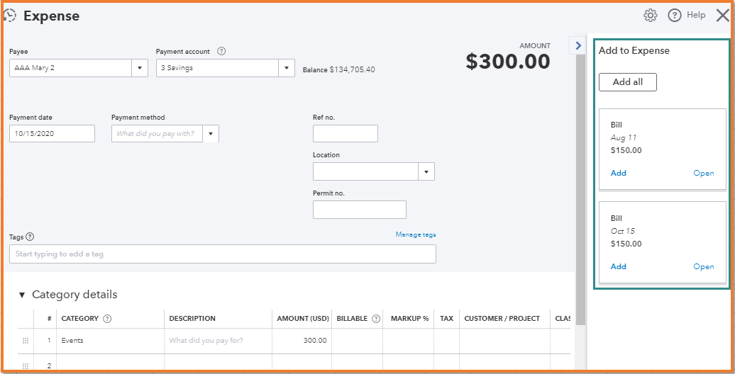 Can I match different transactions with one expense?