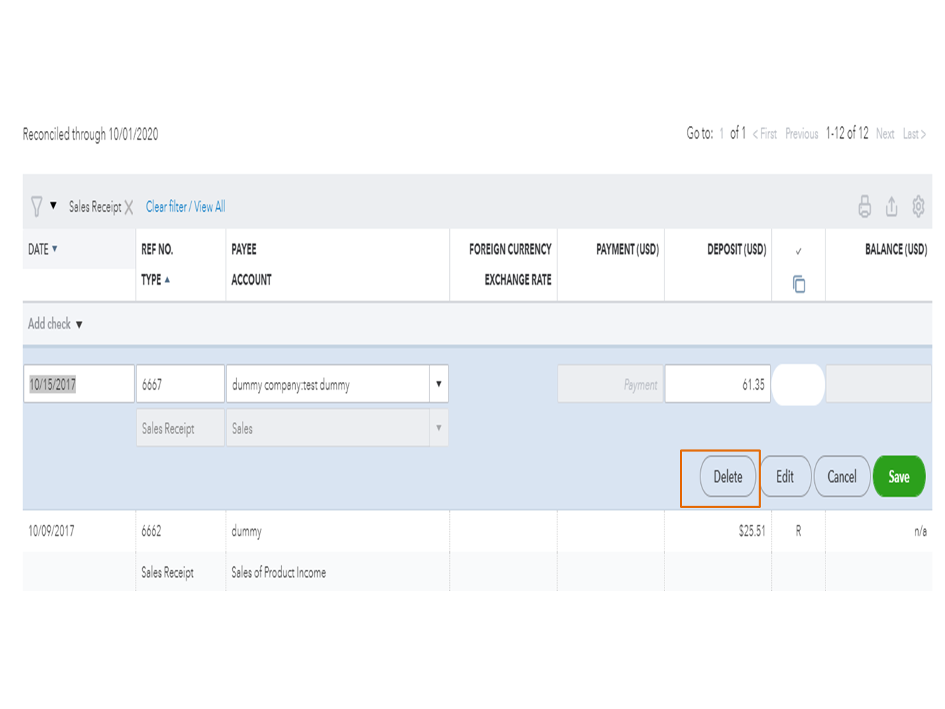 I have a sales receipt from 3/23/2020 that shows under Uncleared ...