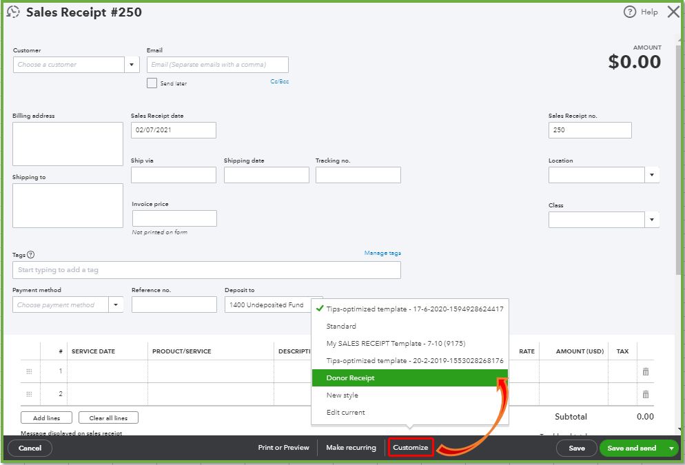 I created a custom sales receipt but I do not see how to select that ...