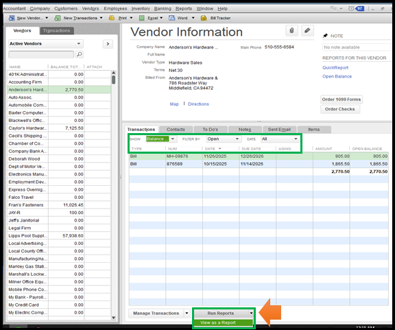 Vendor center shows open balance that should be zero