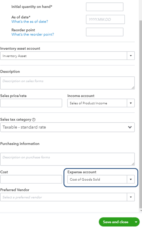 How do i set up COST OF GOODS in products and services