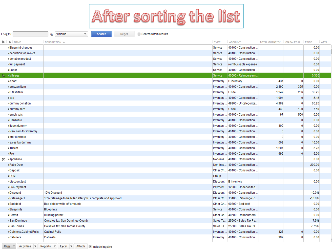 QB Desktop Premiere 2021 Item List default order