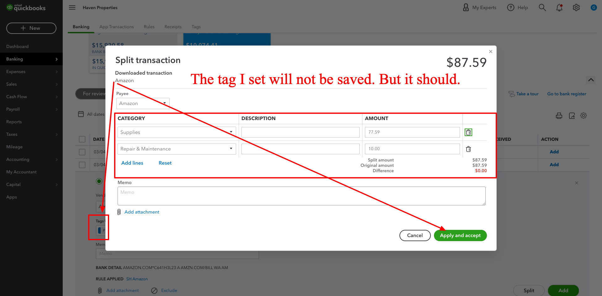 BUG REPORT: Tags do not apply to Rules with Splits...