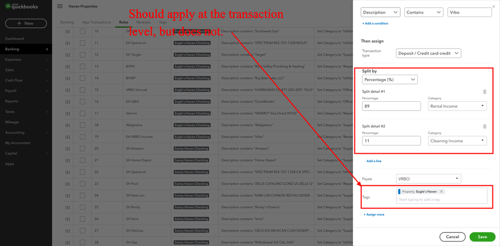 BUG REPORT: Tags do not apply to Rules with Splits...