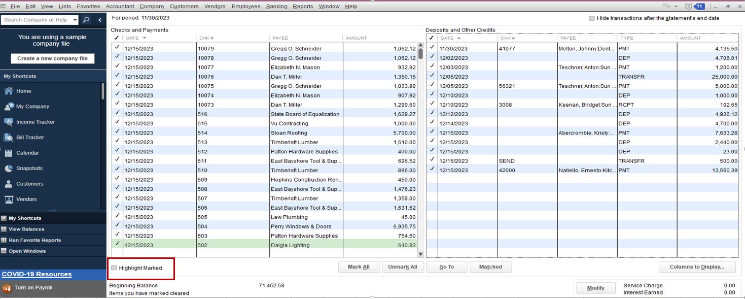 How can i change the color of the highlight bar in the bank reconciliation?
