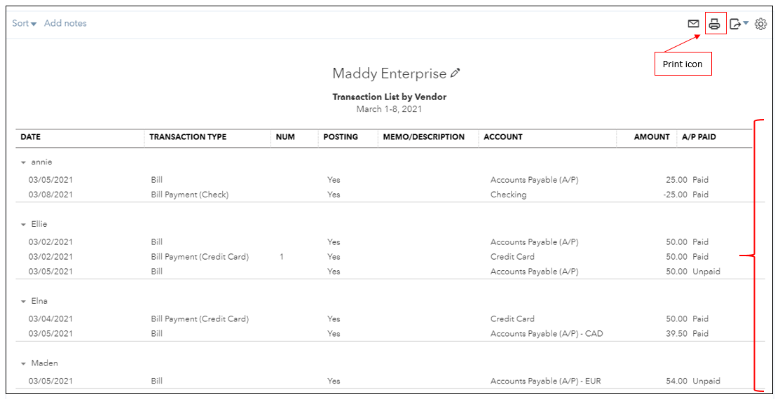 Transaction List by Vendor Report