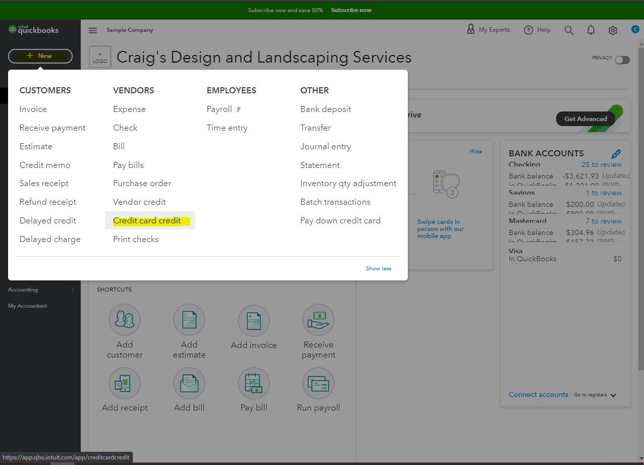 Vendor refund to credit card (Quickbooks online)