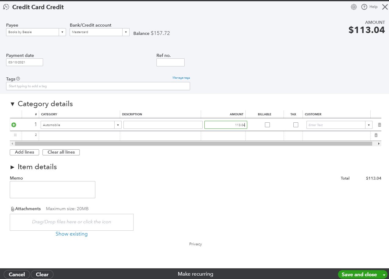 Vendor refund to credit card (Quickbooks online)