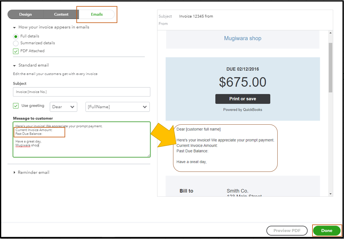 When emailing invoices, how can we include current invoice amount and ...
