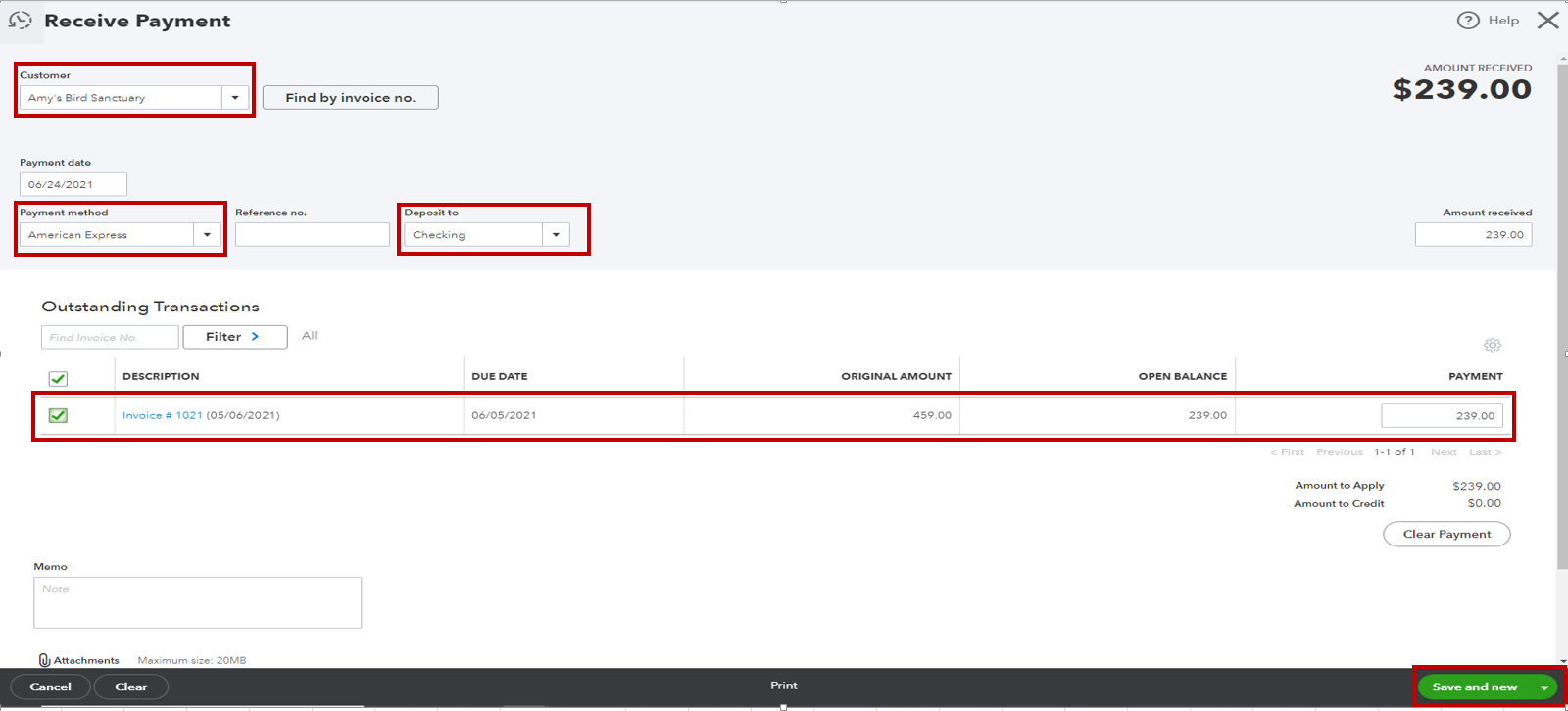 Invoicing transfer to bank