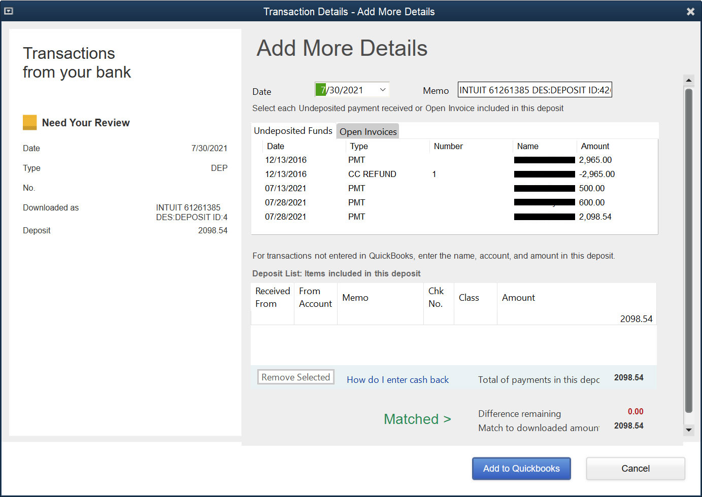 Transaction Details Matching Transactions