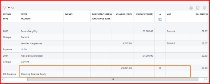 Bank Register shows deposits as negative