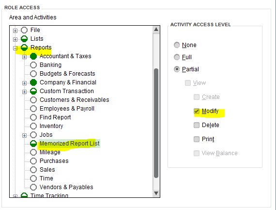 User and permissions for memorized reports