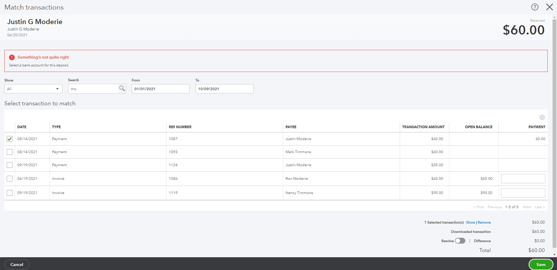 Error Message when trying to match bank transactions to payments ...