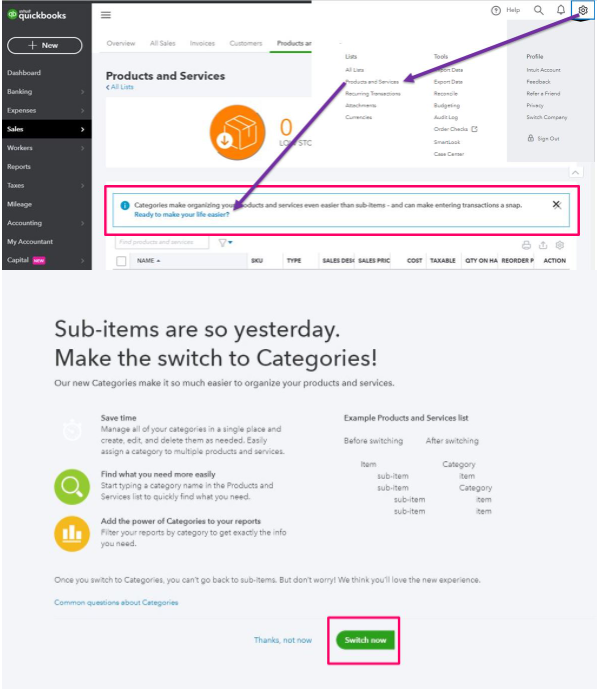 In QBO when i go to Products and Services and Select the dropdown More ...
