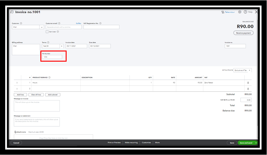 How does one add a customers Purchase Order number to an invoice? I go ...