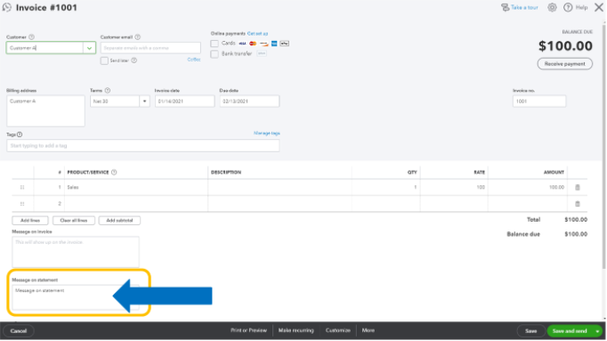 How do you enter a memo on a customer invoice?