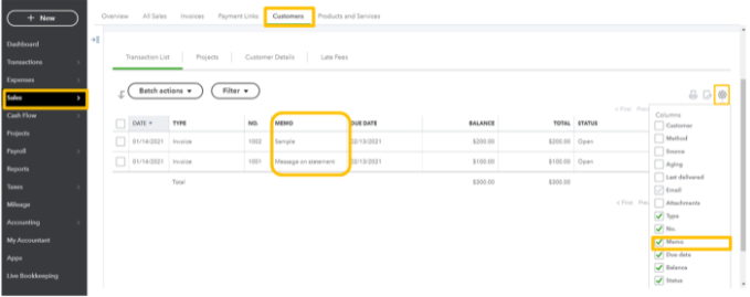 How do you enter a memo on a customer invoice?