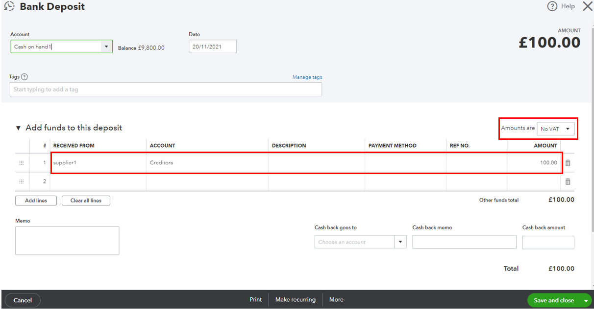 Supplier refund and Credit