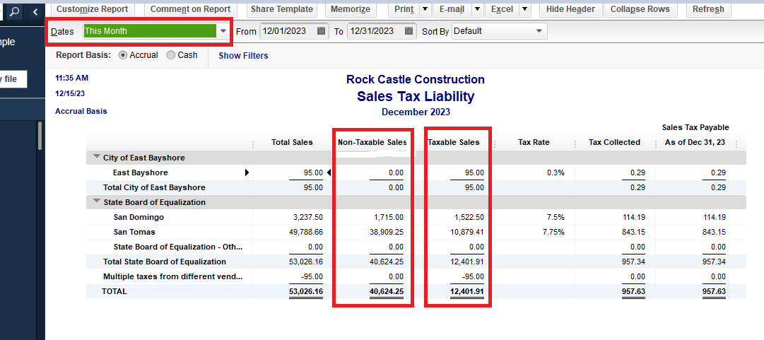 Sales Tax Liability Report Showing Taxable and Non-Taxable Amounts for ...