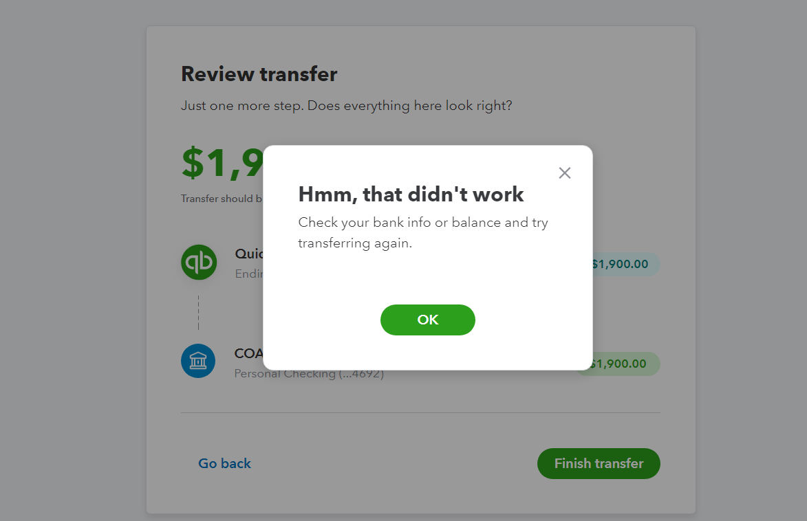 I can't transfer funds to my linked bank account. | QuickBooks Community