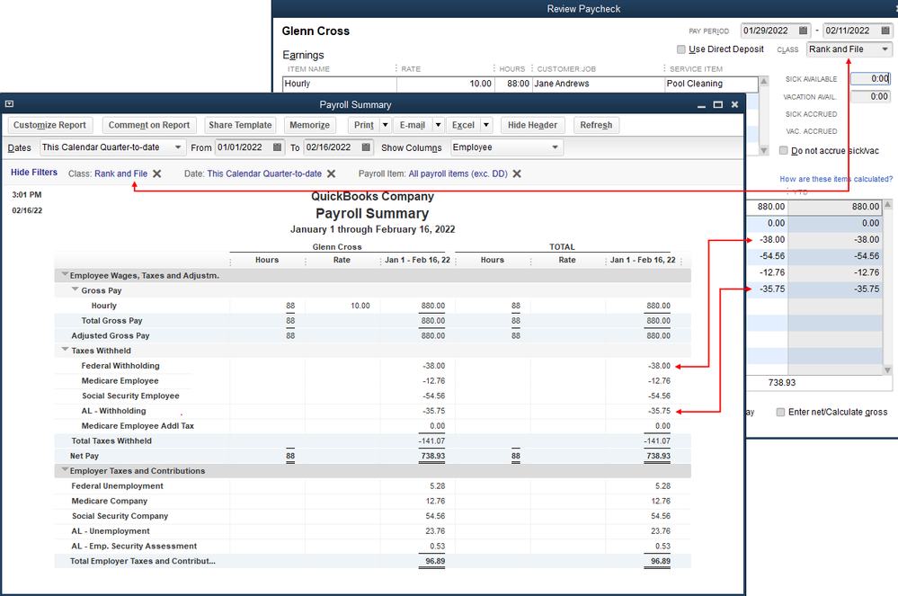payroll summary report using classes in QB desktop