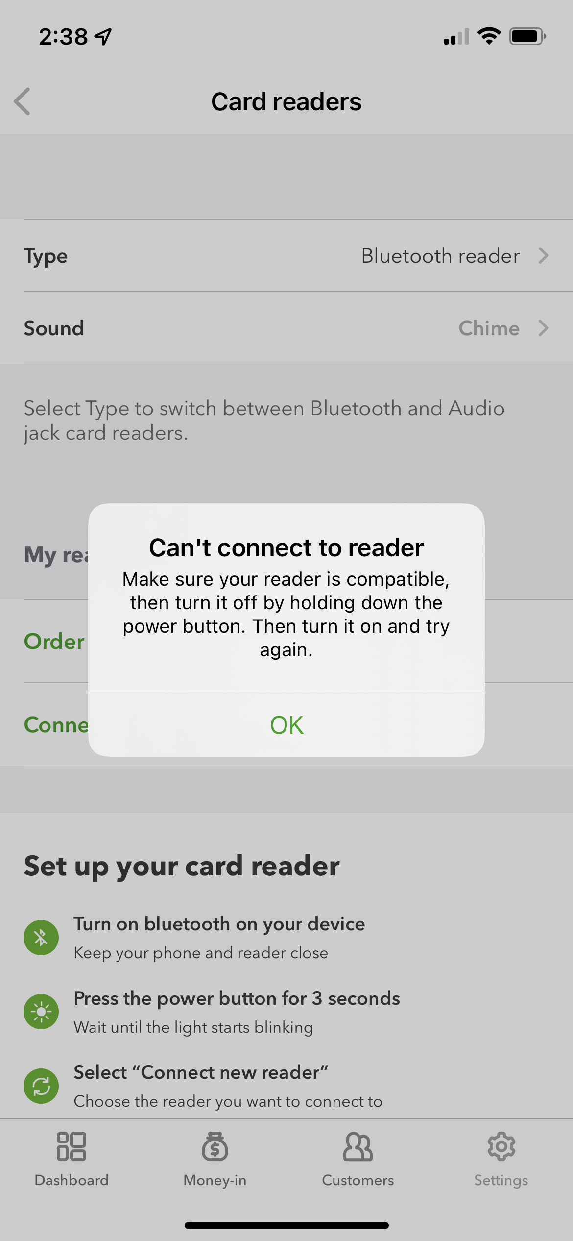New QB33 card reader won't register in goPayment