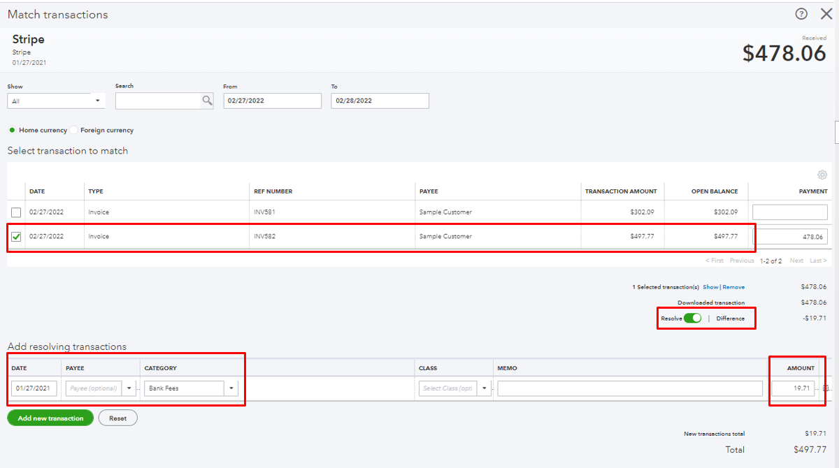 How to match the invoices paid via Stripe and Stripe fees?