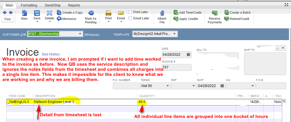 Quickbooks timecenter notes field is no longer copied to the invoice ...