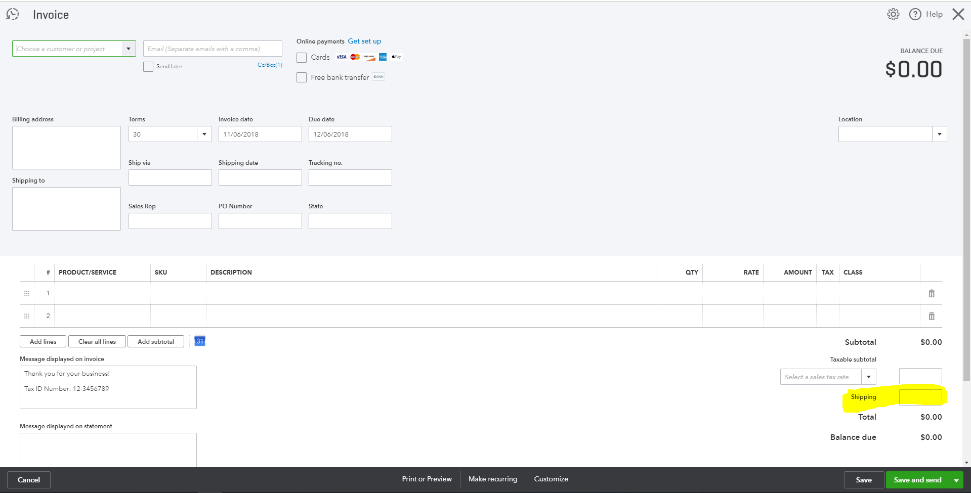 shipping/handling on invoice