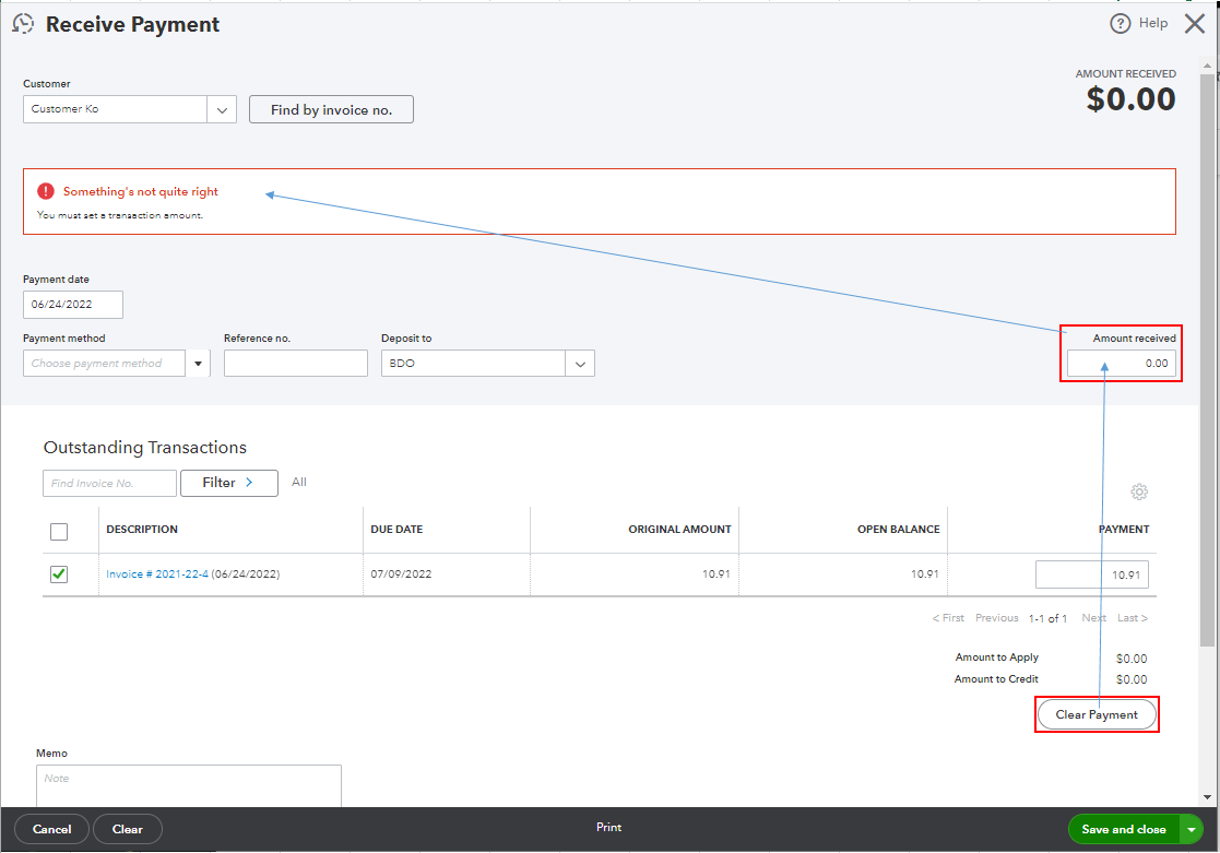 What does clear payment do in the received payment?