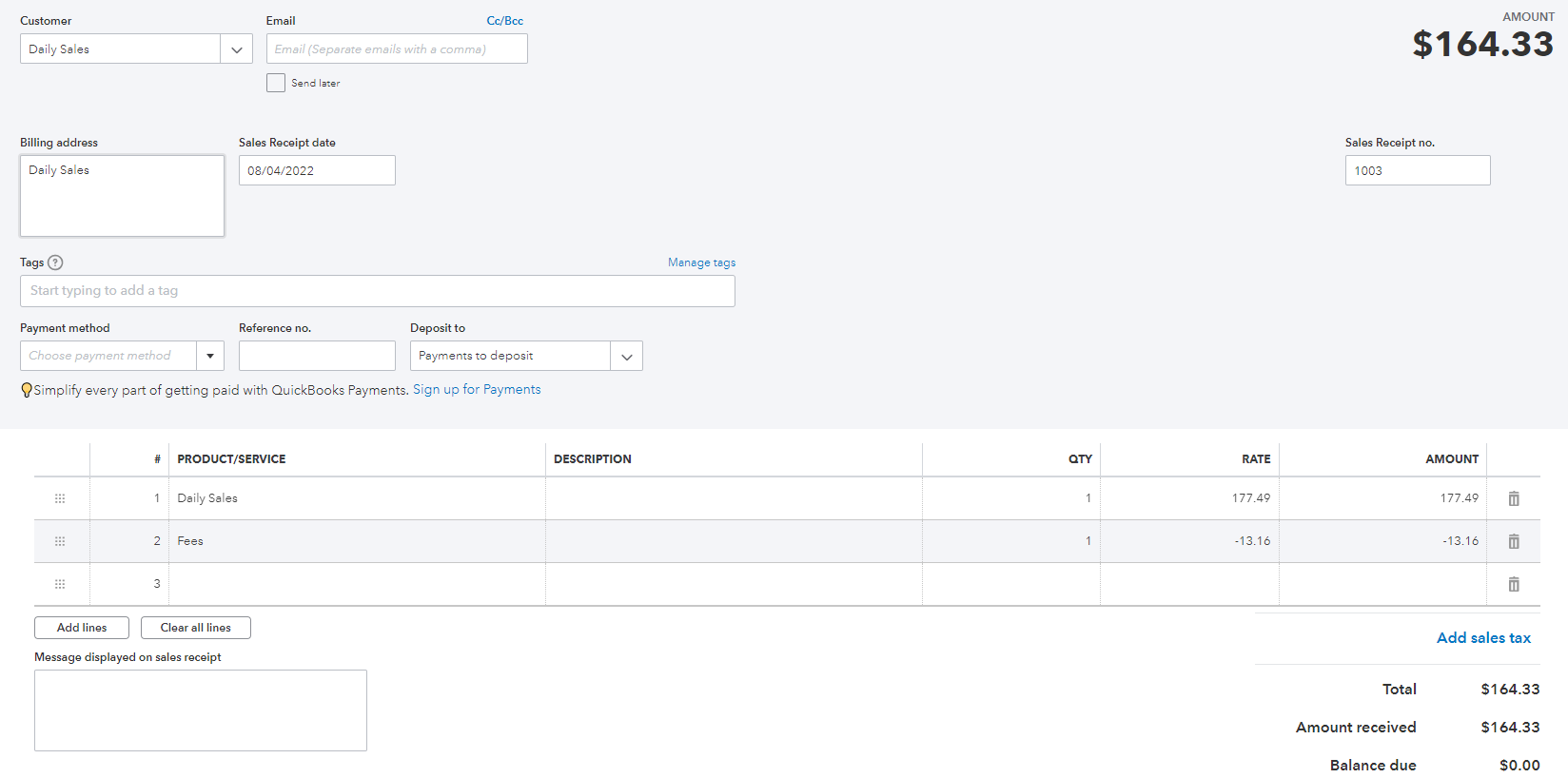 Entering a End of Day Sales Receipt with CC Processing fee already ...