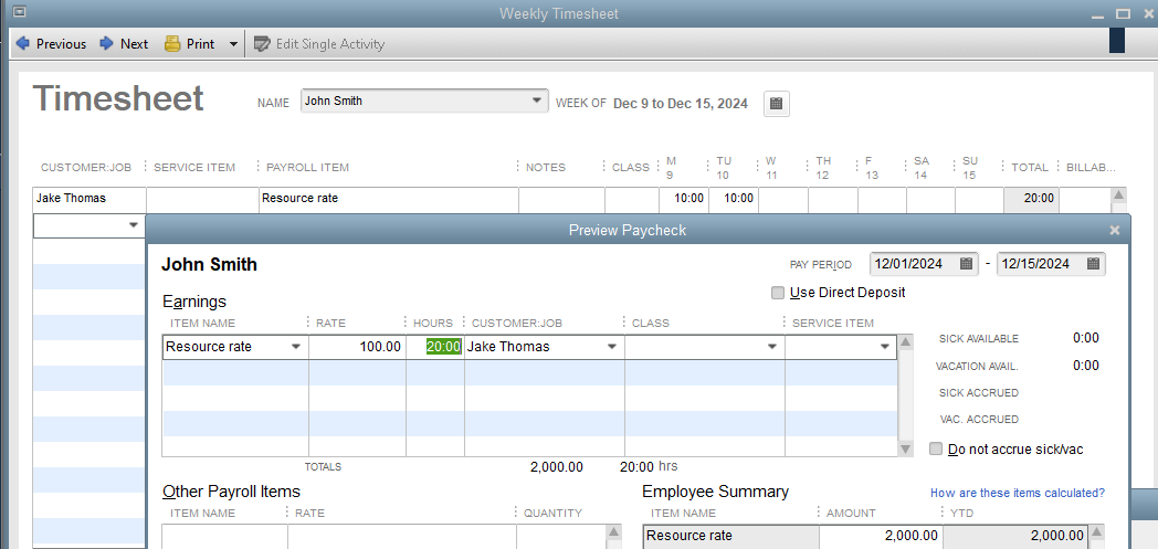 QuickBooks Pro 2020 - Timesheet cost (Employee rates)