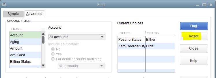 QB Desktop Find Function retains old filters