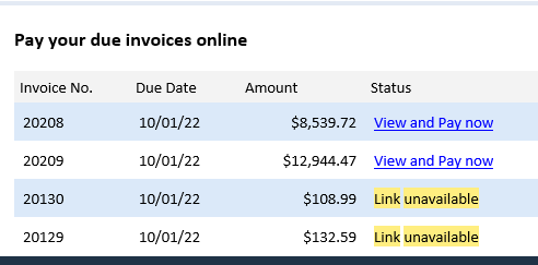 View and Pay Now link unavailable