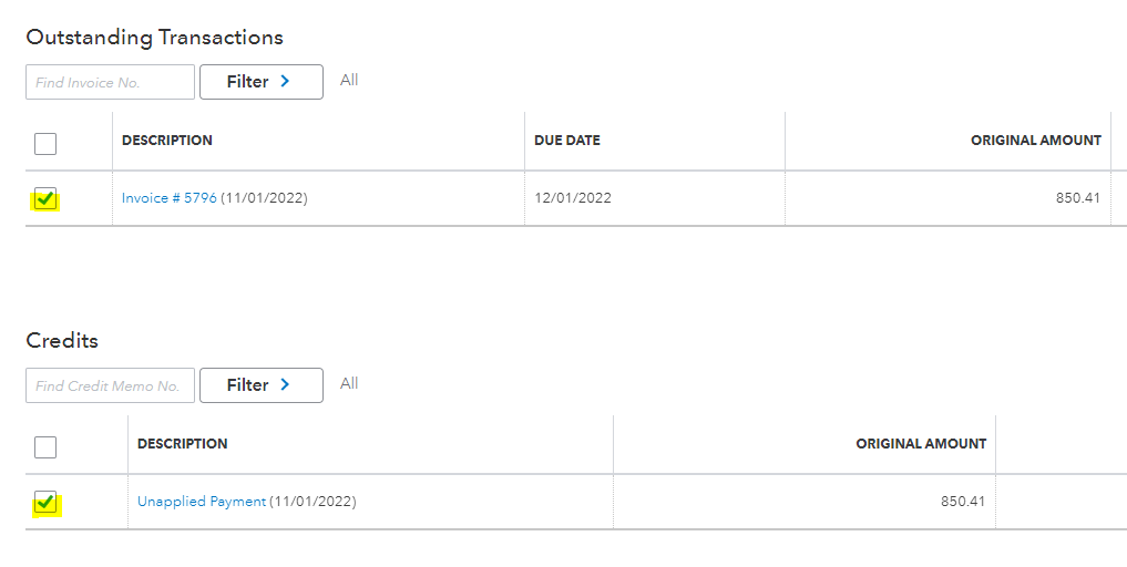Payments on Invoices or unapplied amounts