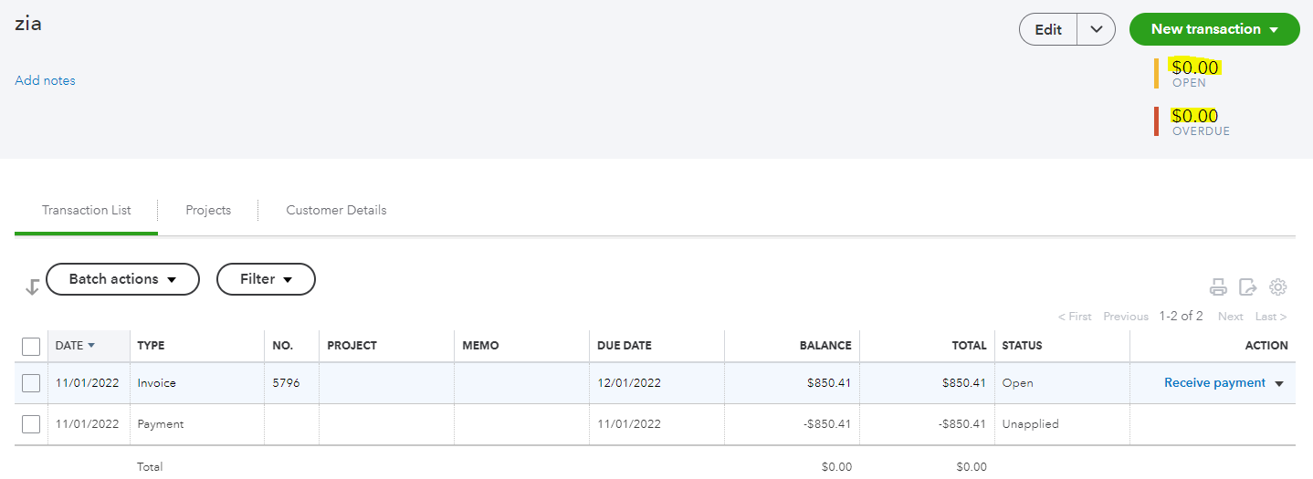 Payments on Invoices or unapplied amounts