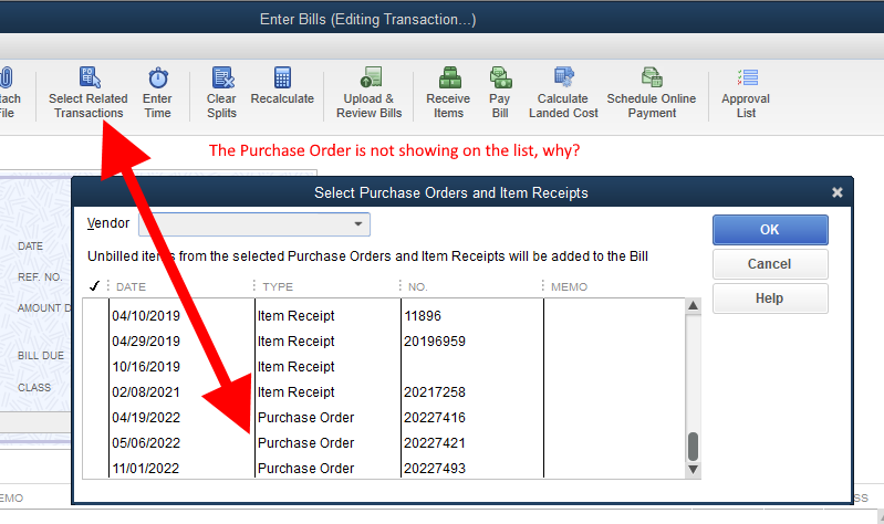 Entering bills, but Select Related Purchase Order missing from list