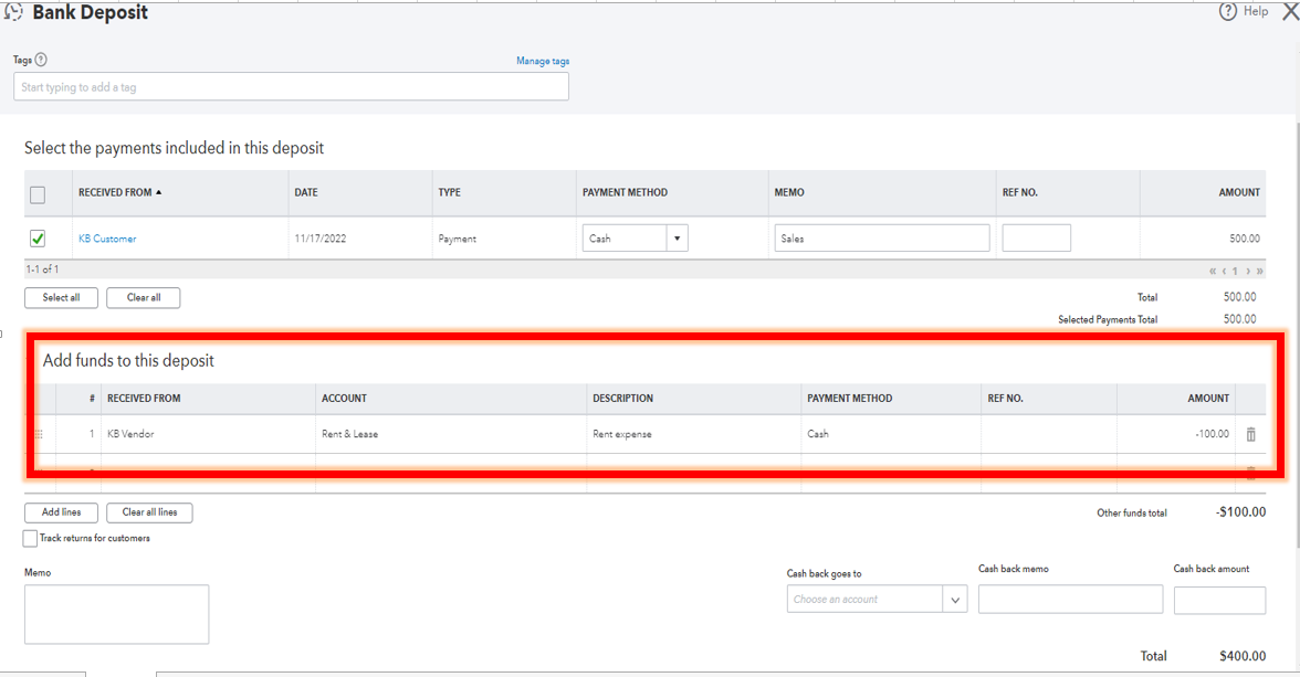 How to match bank deposit with both sales AND expense
