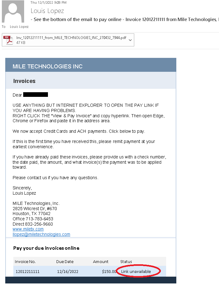 View and Pay Now link unavailable