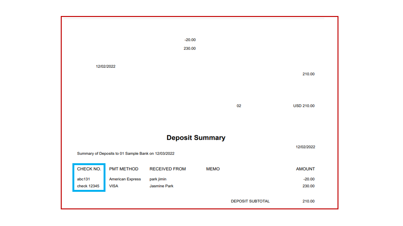 How do I get the check numbers to print on a bank deposit slip?