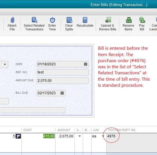 Entering bills, but Select Related Purchase Order missing from list