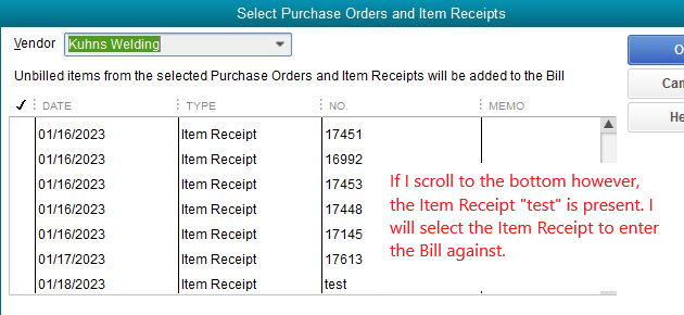 Entering bills, but Select Related Purchase Order missing from list
