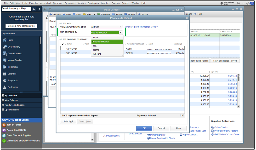Lost option to sort in Payments to Deposit Window
