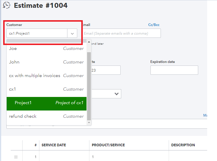 How do you add an existing estimate to a existing project in qbo