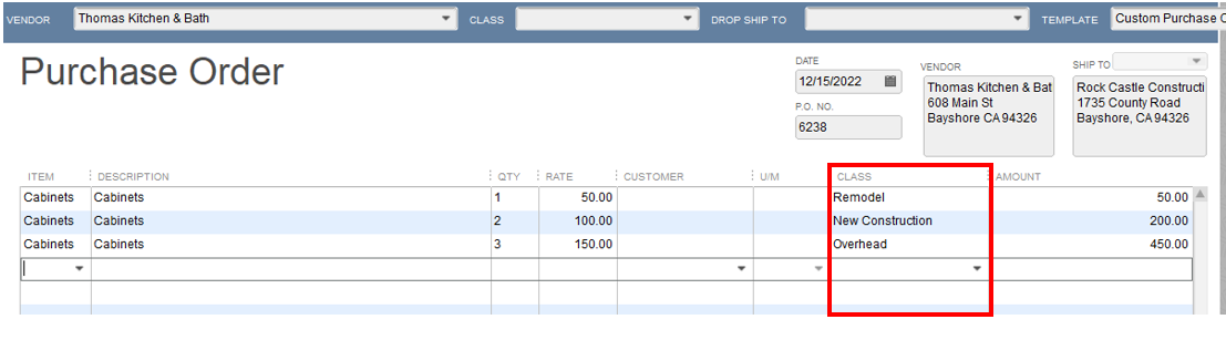 Create purchase order with multiple classes