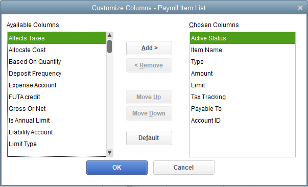 Payroll Item List Columns