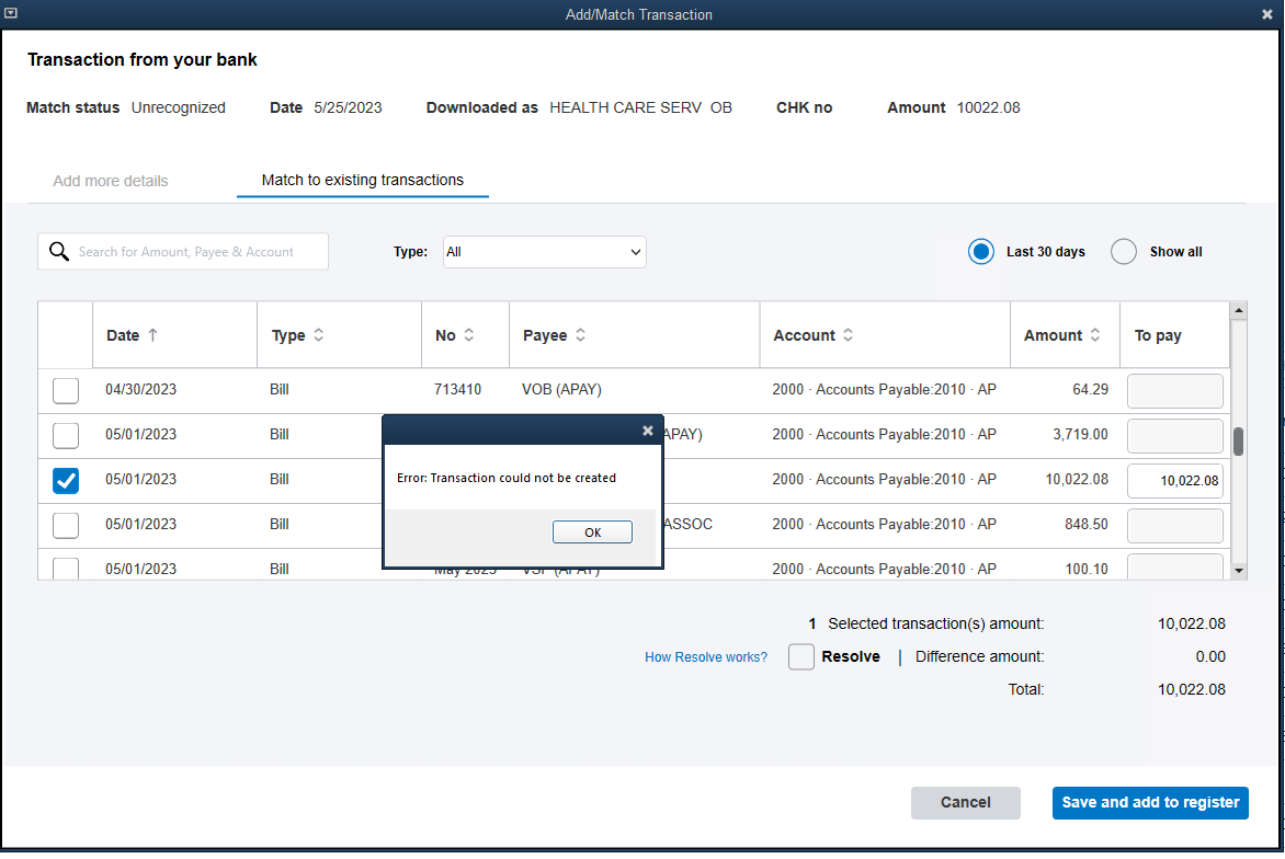 Matching Bank Feed transactions to invoices entered into accounts payable
