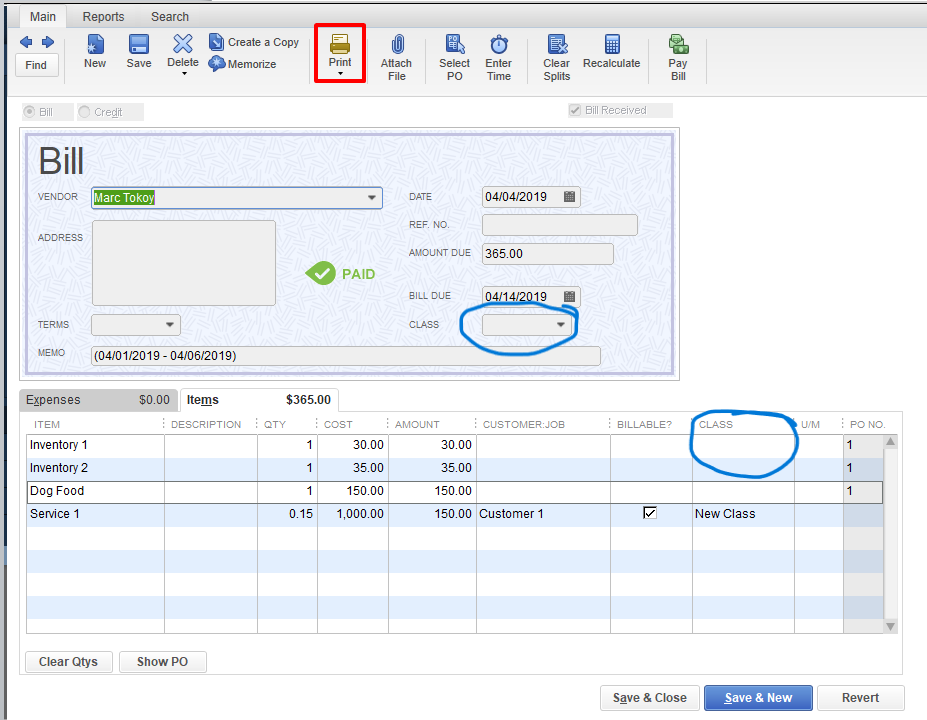 In Quickbook Enterprise when entering bills what happens if the class ...